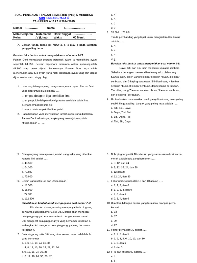 STS 1 Kelas V - MTK | PDF