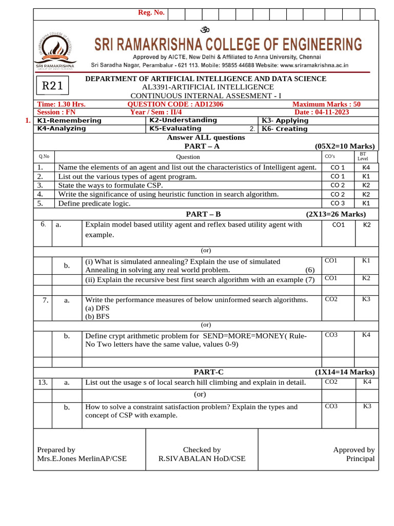 CIA-I - AI 50 Marks Format | PDF