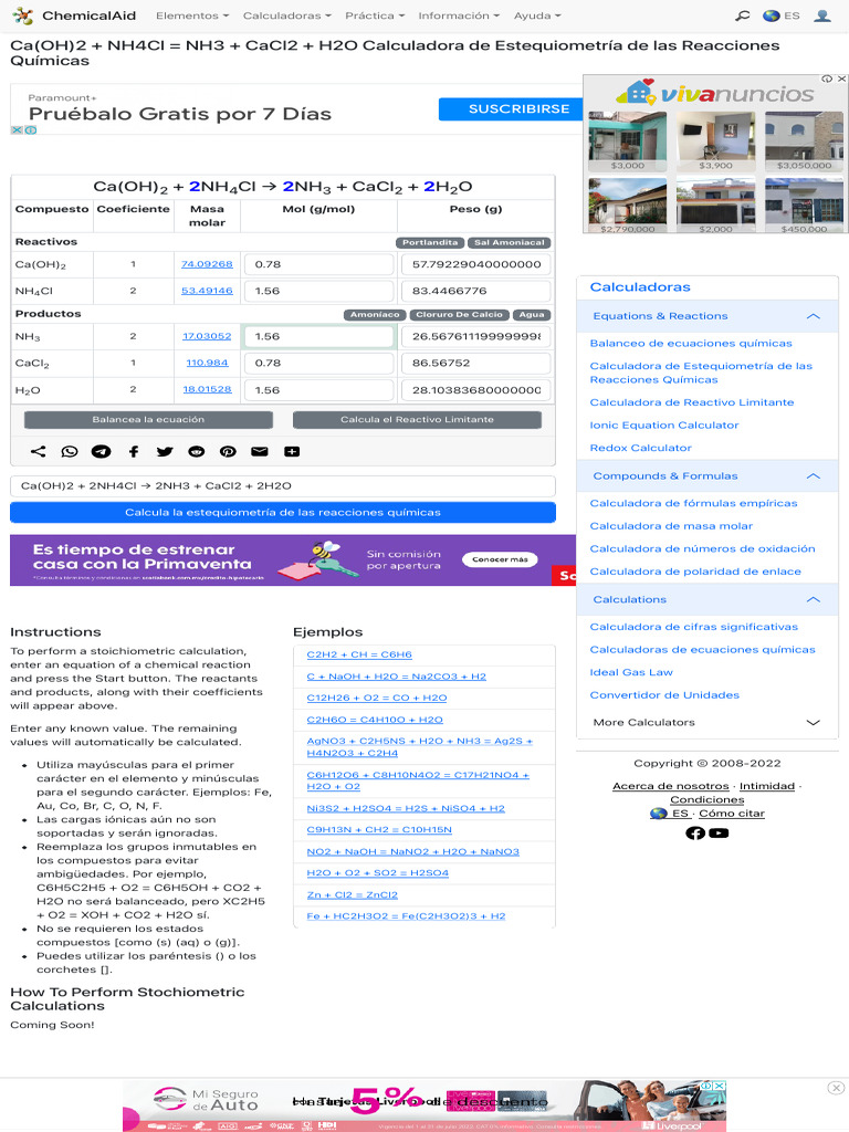 Ca (OH) 2 + NH4Cl NH3 + CaCl2 + H2O Calculadora D | PDF