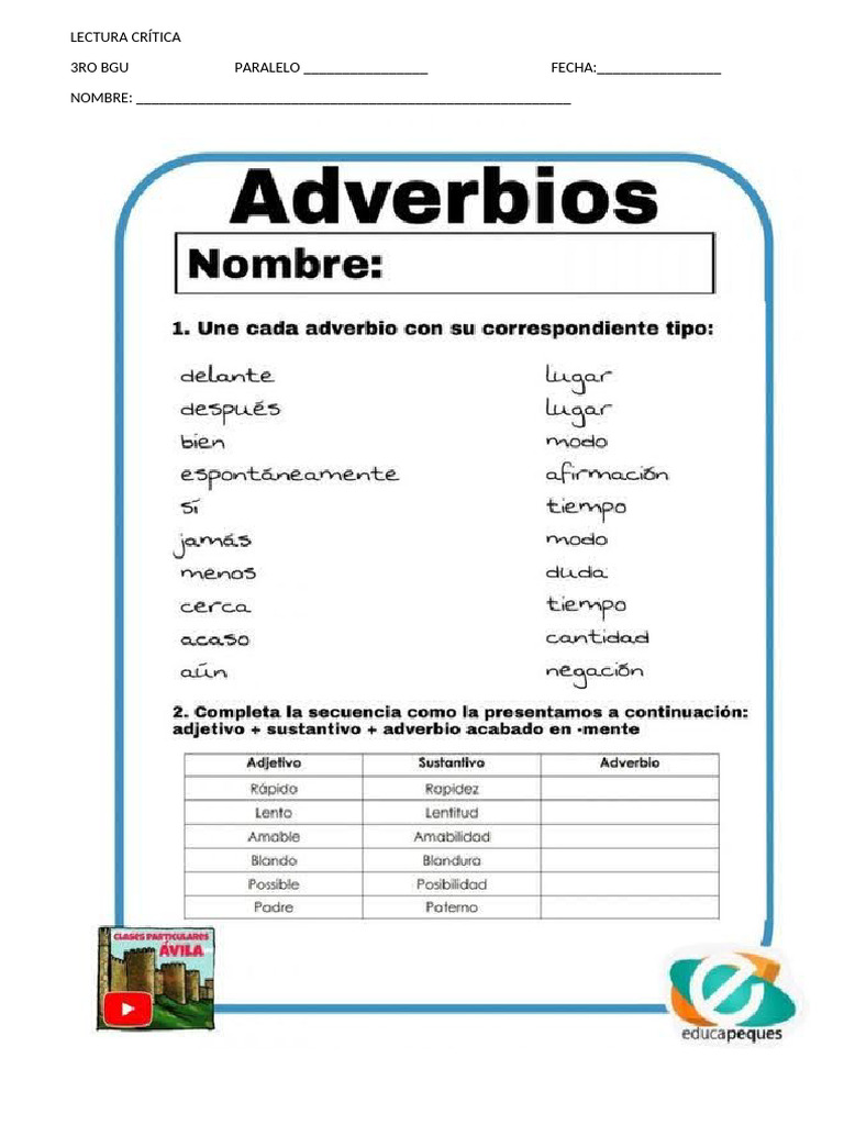 Lectura Crítica Ejercicios de Palabras Invariables 3ro Bgu | PDF