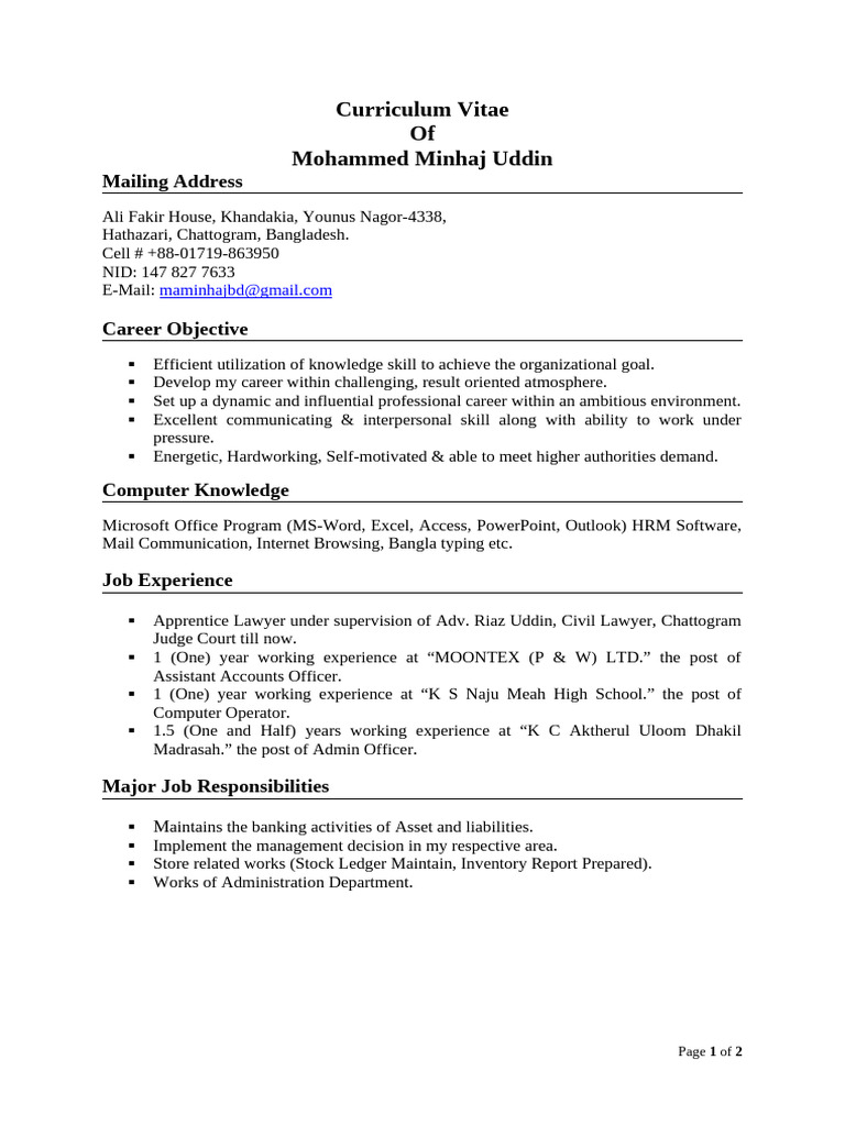 Cv of Minhaj Uddin | PDF