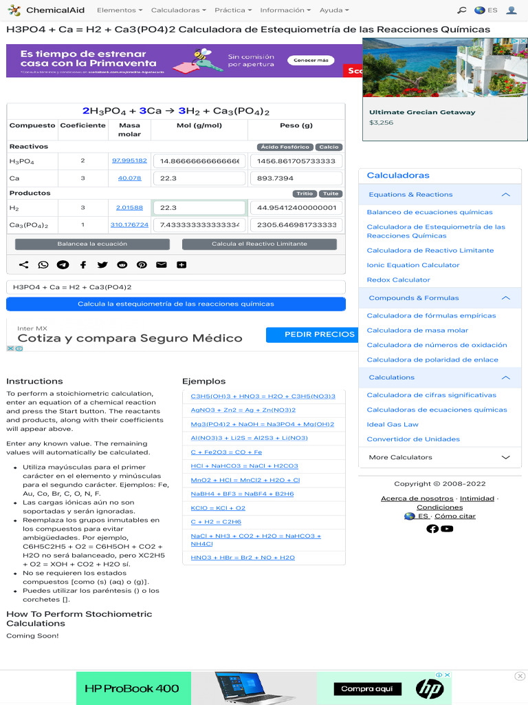H3PO4 + Ca H2 + Ca3 (PO4) 2 Calculadora de Estequ | PDF