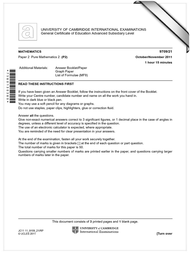 Puremathamatics cambrige 2011 paper 2 | PDF