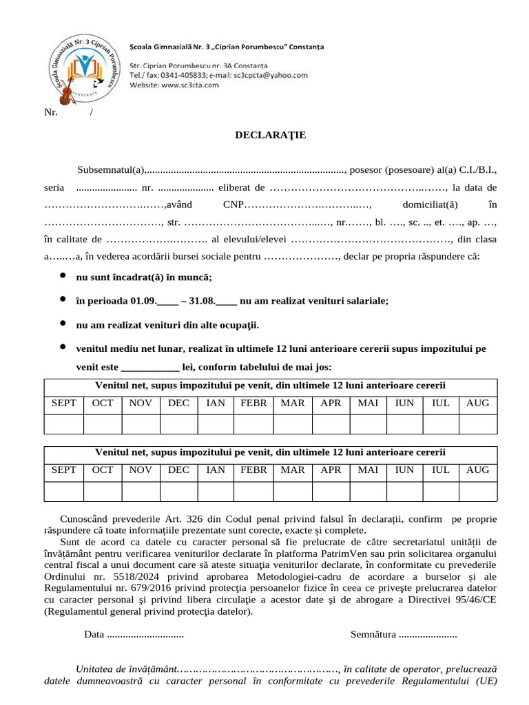 Declaratie Pe Propria Raspundere Privind Veniturile Nete | PDF