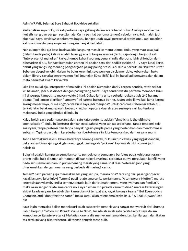 Resensi Interpreter of Maladies | PDF