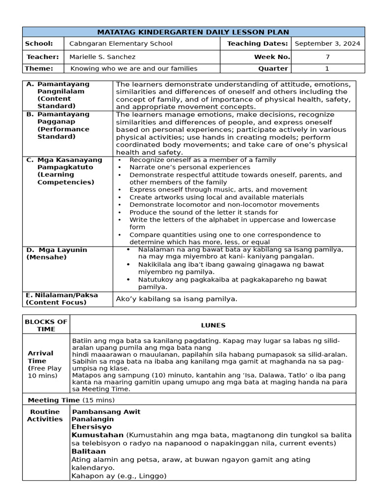 Matatag Kindergarten Daily Lesson Plan q1 w7 | PDF
