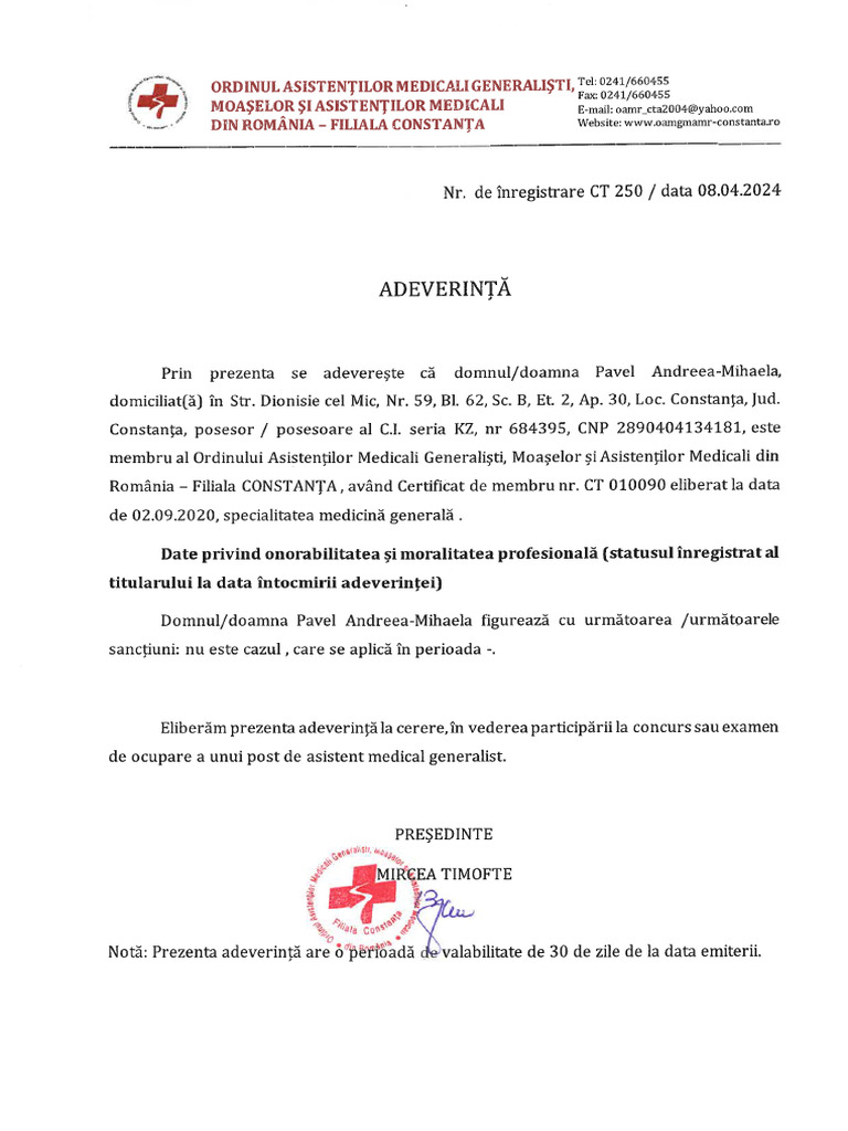 Adeverinta Concurs 08.04.2024 - Pavel Andreea-Mihaela | PDF