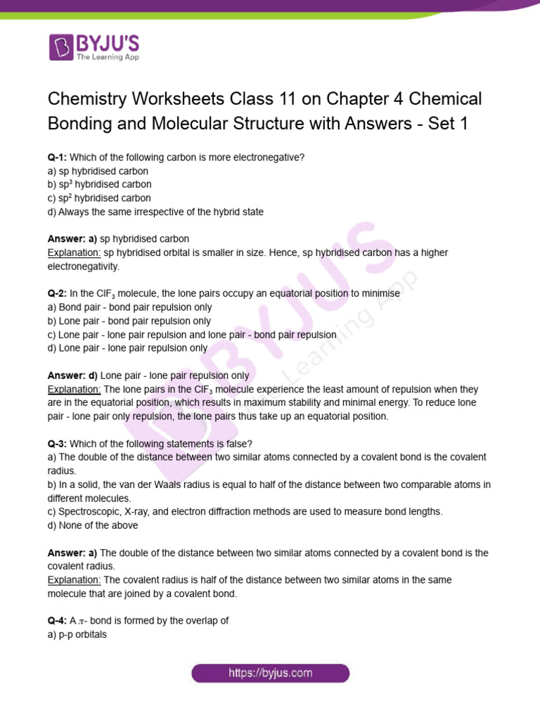 Chemistry Worksheets Class 11 On Chapter 4 Chemical Bonding and ...