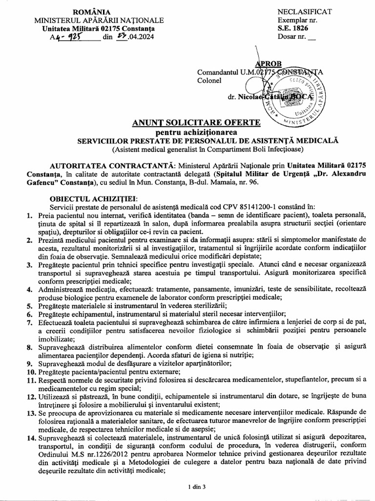 Anunt Servicii Asistent Medical Boli Infectioase | PDF