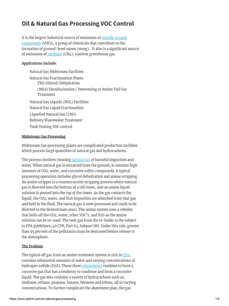 Oil & Natural Gas Processing VOC Control | PDF