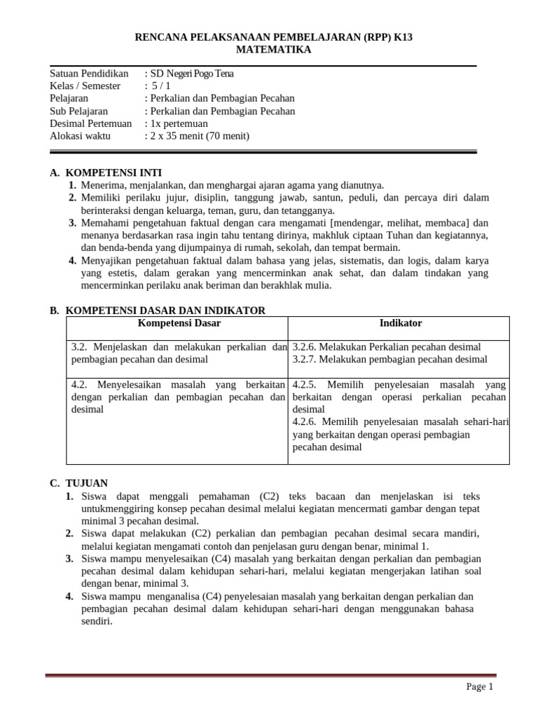 RPP MTK Kelas 5 Observasi Kinerja - Keteraturan Suasana Kelas | PDF