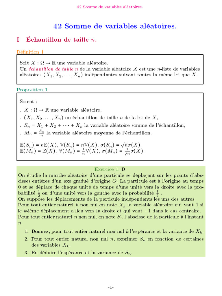 0ieme 42 Somme De Variables Aleatoires Pdf