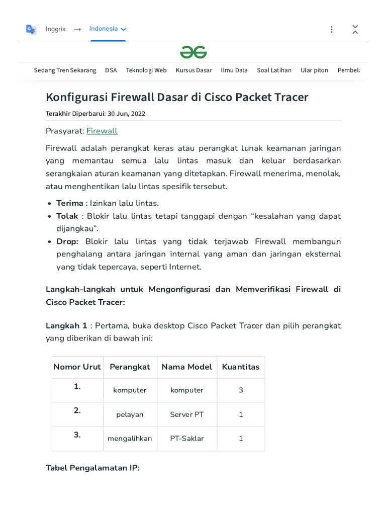 Konfigurasi Firewall Dasar Di Cisco Packet Tracer - Compressed | PDF