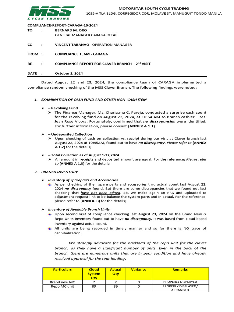 Compliance Report For 2ND Visit Claver Caraga | PDF