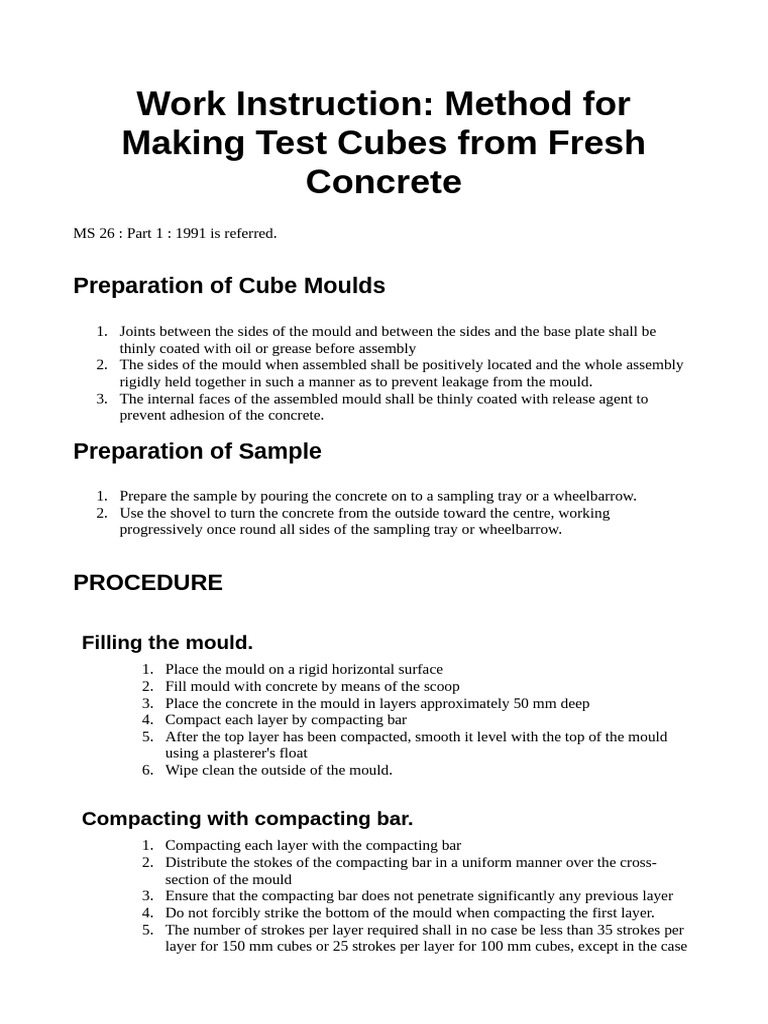 Work Instruction Method For Making Test Cubes From Fresh Concrete | PDF