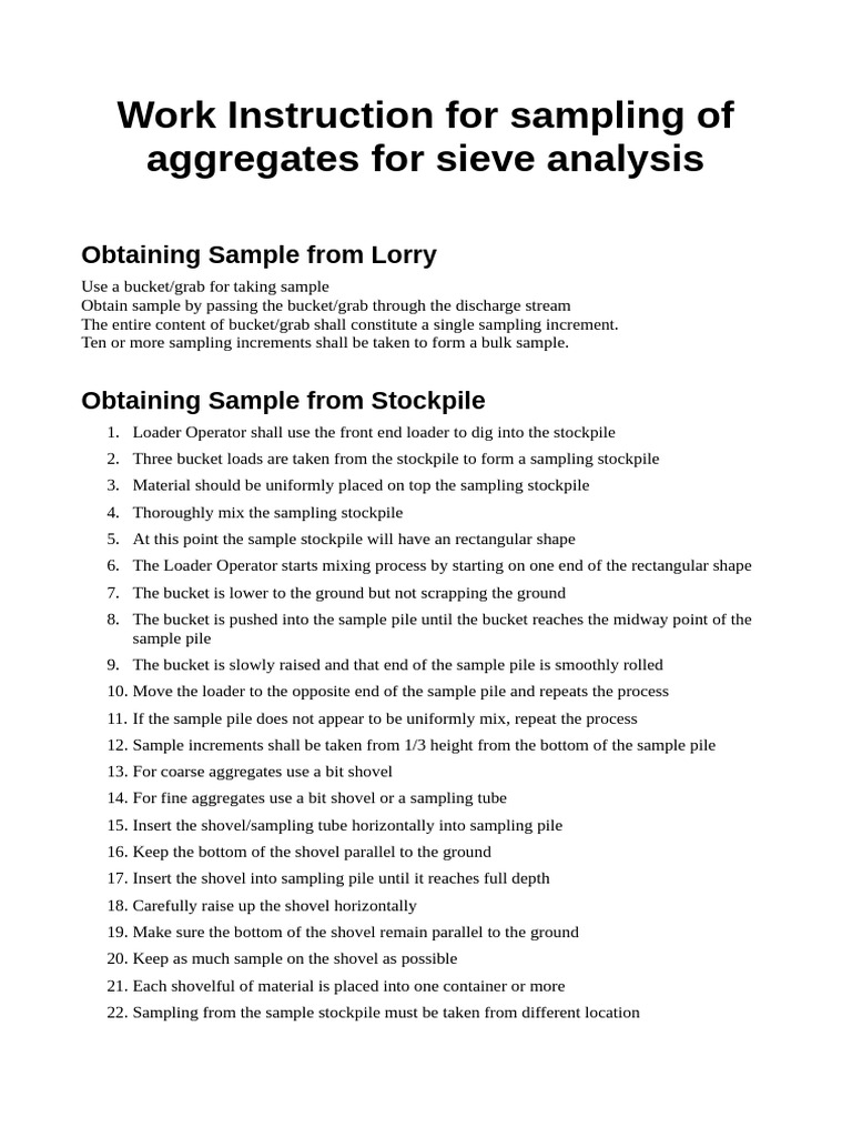 Work Instruction For Sampling of Aggregates For Sieve Analysis | PDF