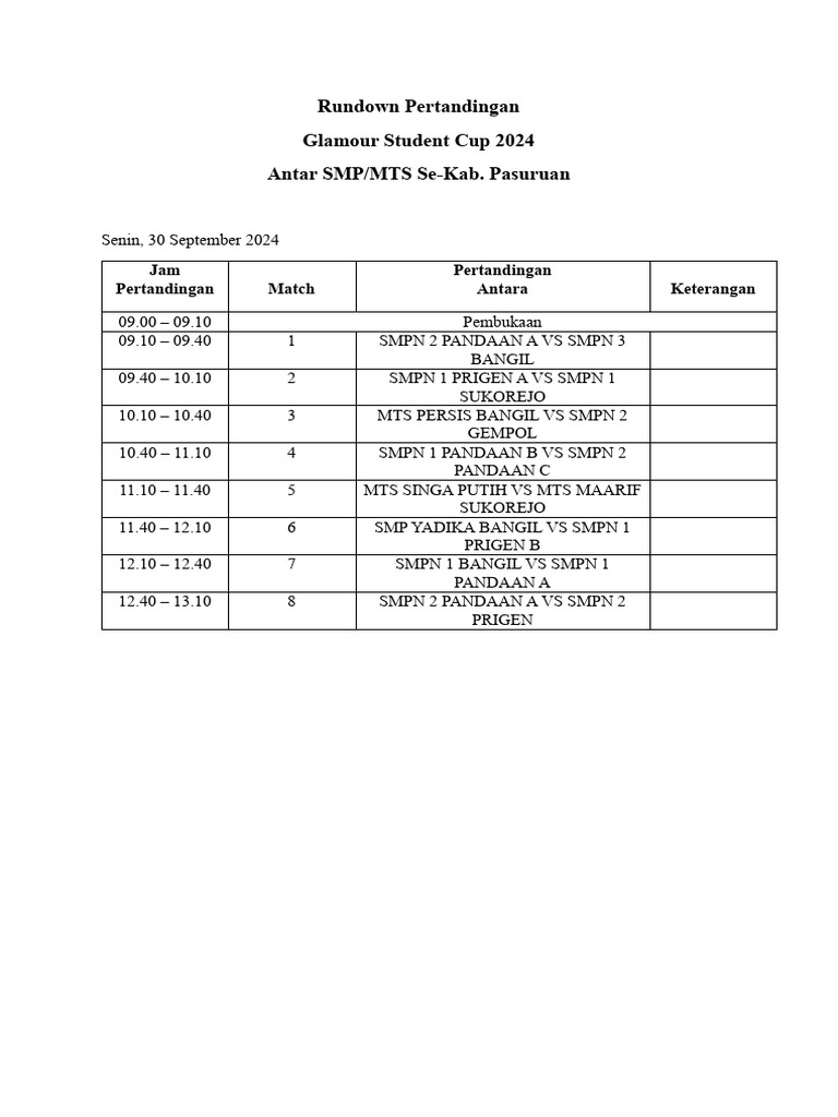 Rundown Pertandingan Glamour Student Cup 2024-1 | PDF