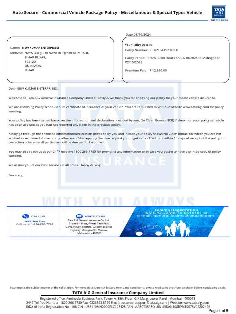 Tata AIG Motor Policy Schedule 3191 6302164192-00 | PDF | Insurance ...