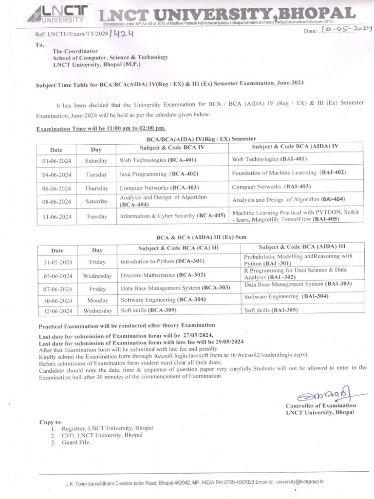 Bca III,IV Sem Time Table | PDF