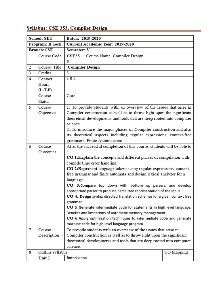CSE353 - Compiler Design | PDF