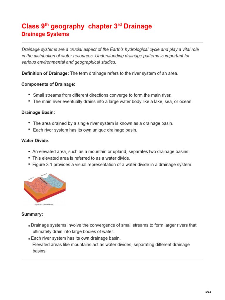 Drainage Chapter 3rd Notes Geography Class 9 PDF | PDF