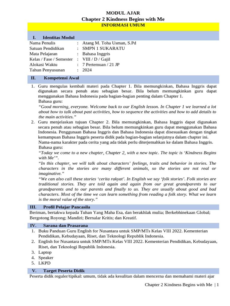 MODUL AJAR CHAPTER 2 KINDNESS BEGIS WITH ME | PDF