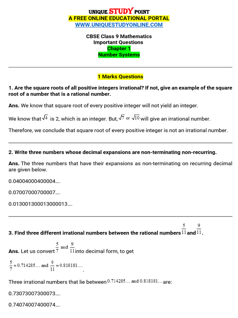Ix Number System Marks Wise Questions | PDF