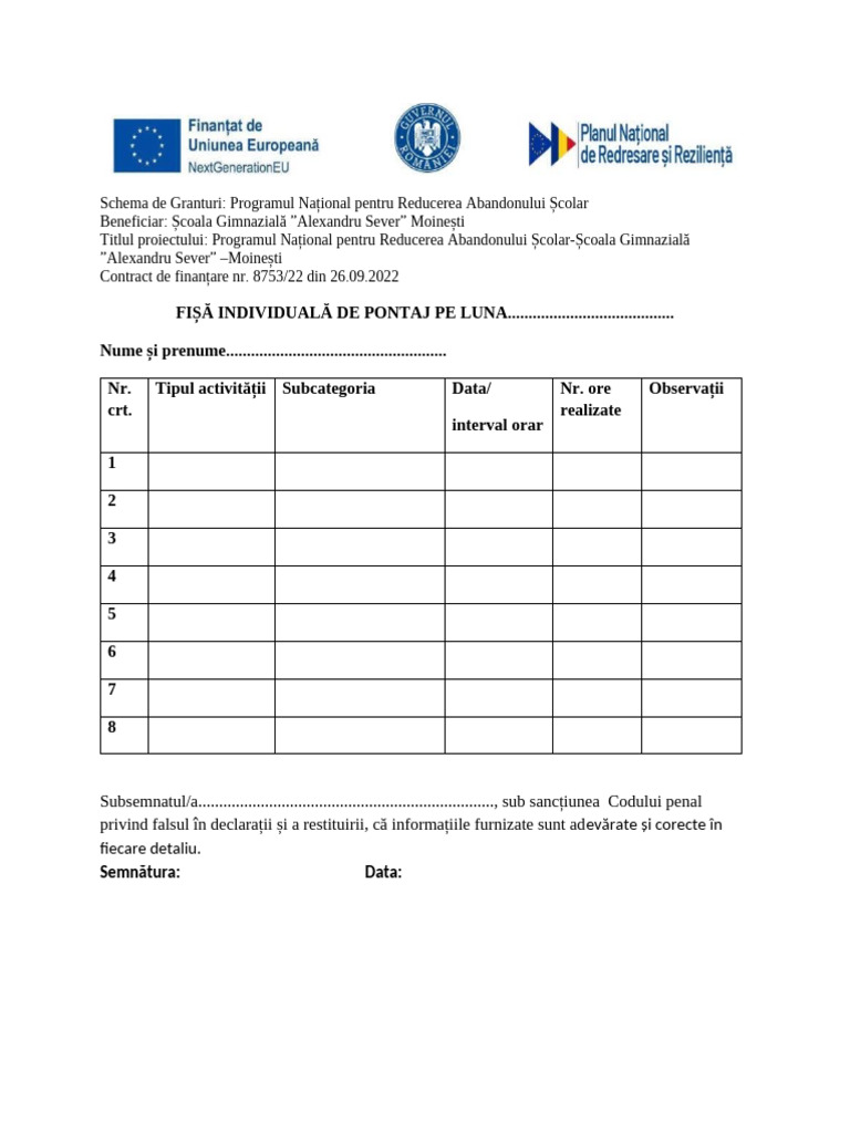 Fisa Individuala Prez PNARS | PDF