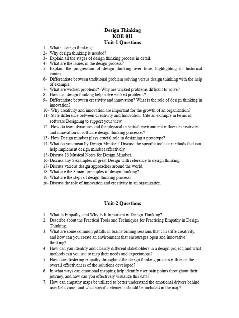 Question Bank Unit 1&2 KOE077 Design Thinking | PDF | Design Thinking ...