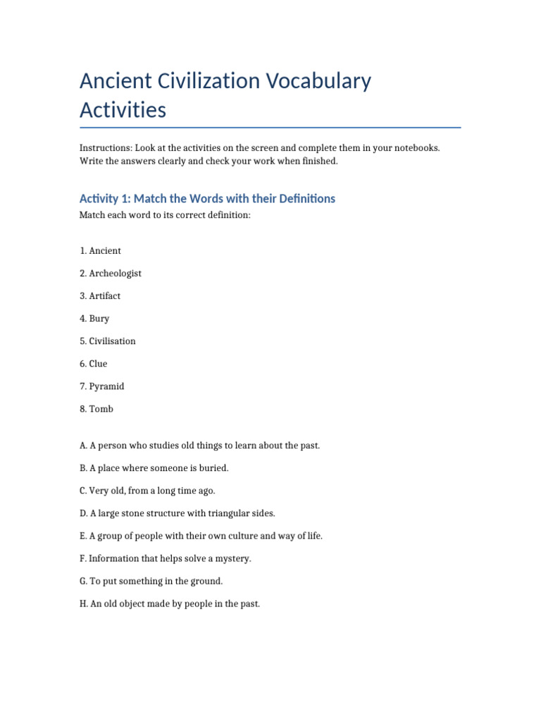 Ancient Civilization Vocabulary Activities | PDF