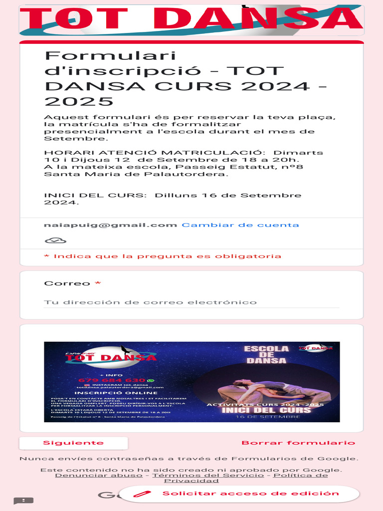 Formulari D'inscripció - TOT DANSA CURS 2024 - 2025 | PDF