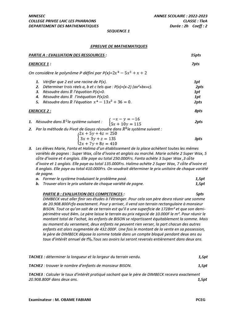 Terminale A Math Exam | PDF