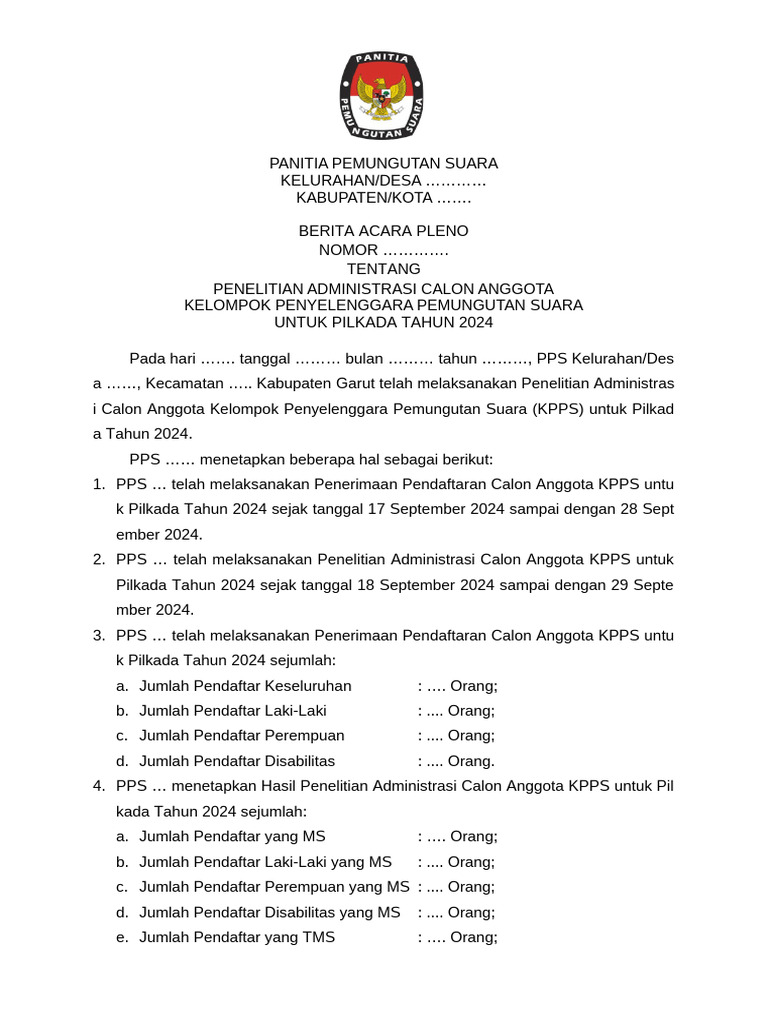 Berita Acara PPS Penelitian Administrasi KPPS Pilkada 2024 | PDF