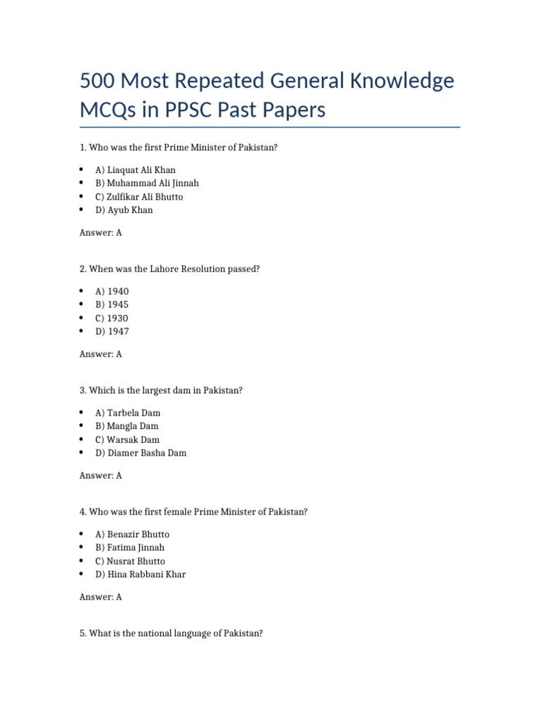 Ppsc 500 Mcqs Recreated | PDF