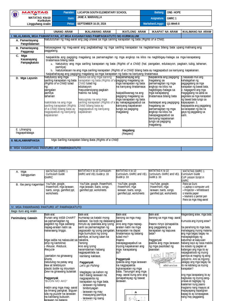 Week 8 GMRC Day 1 To 5 | PDF