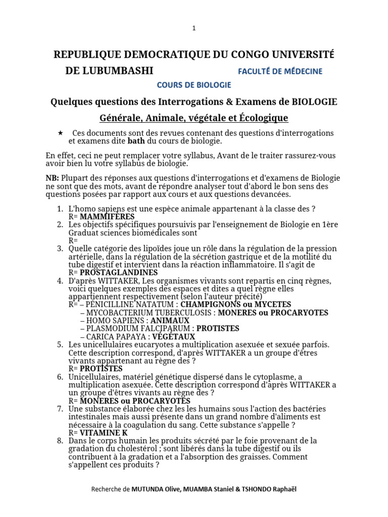 Bath Biologie, Questions Et Réponses - 082458 | PDF