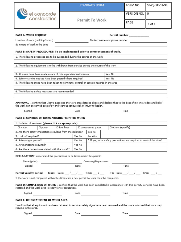 SF QHSE 01 093 Permit to Work | PDF