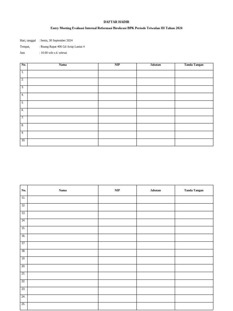 Form Daftar Hadir Entry Meeting | PDF