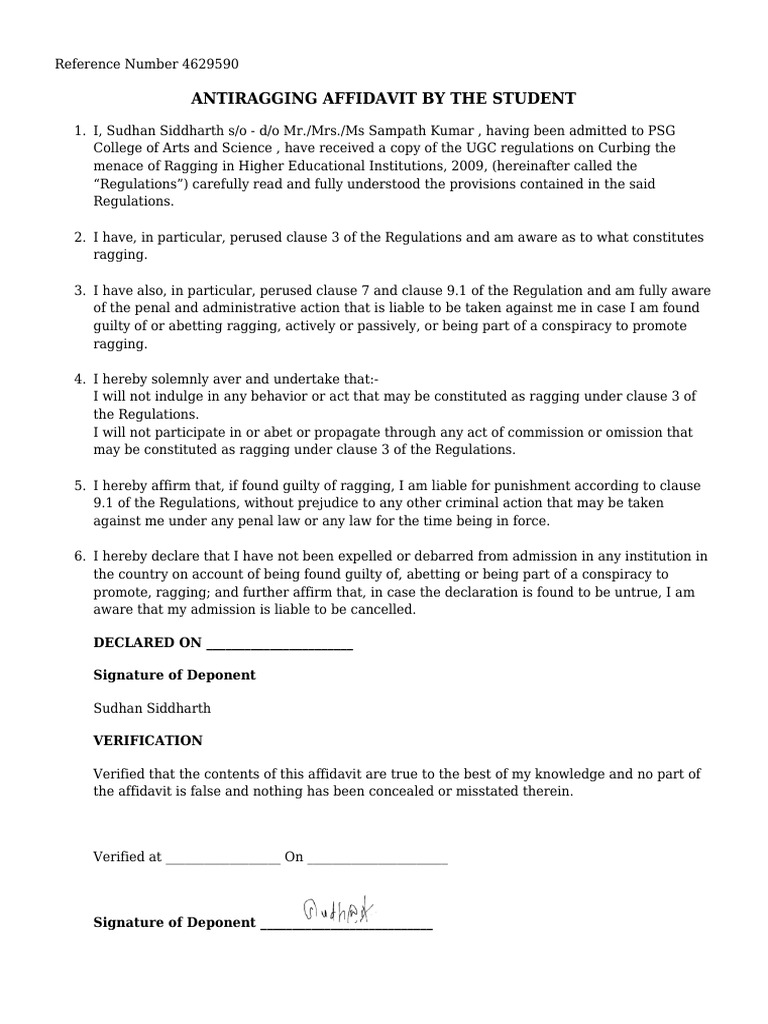 Anti Ragging Form | PDF
