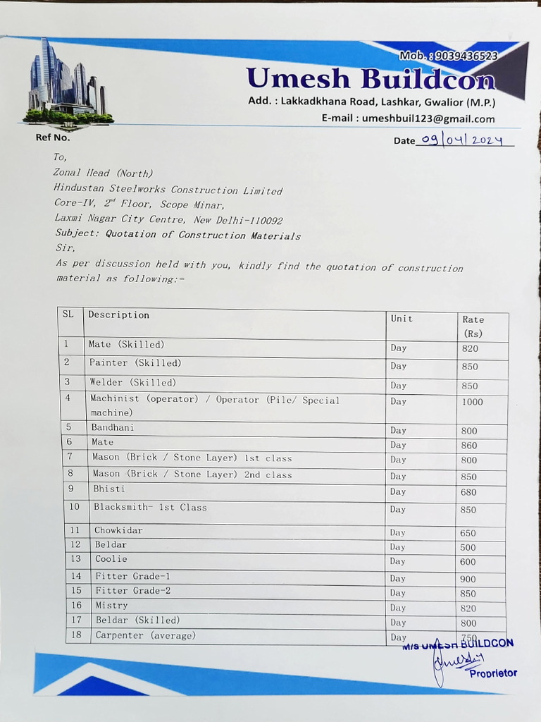 Umesh Buildcon Quotation | PDF