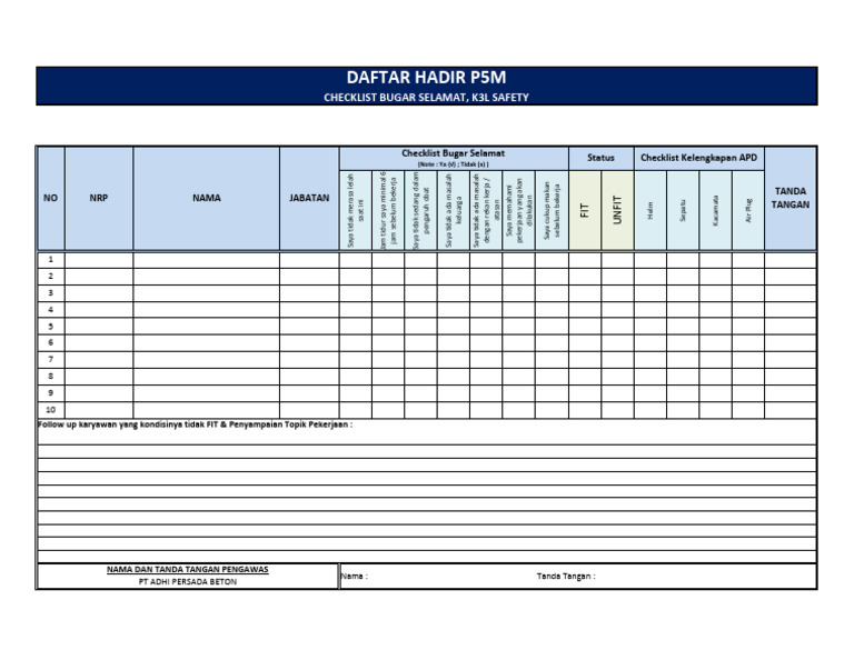 Daftar Hadir P5M Dan Checklist Bugar Selamat (Apb) | PDF