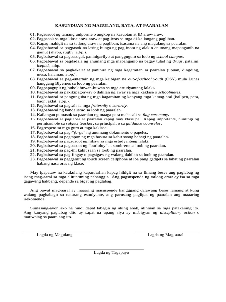 Kasunduan NG Magulang Bata at Paaralan | PDF