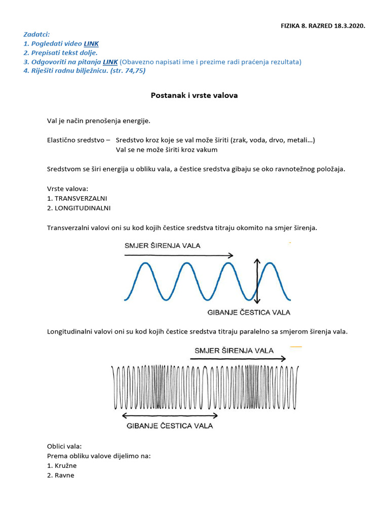 Fizika 8 Razred 18.3.2020. Postanak I Vrste Valova | PDF