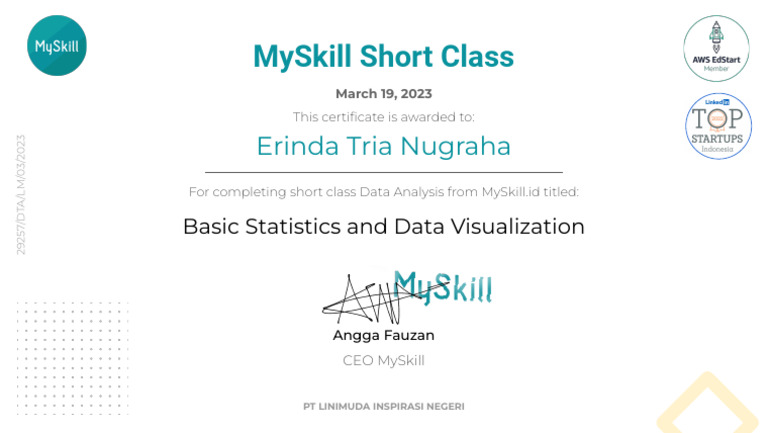 SERTIFIKAT ''MySkill Short Class - Data Analytis - Basic Statistics and Data Visualization'' | PDF