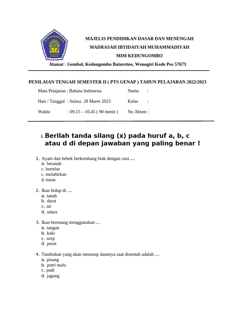 SOAL PTS Bahasa Indonesia KLS 3 SMT II TH 2022-2023 | PDF