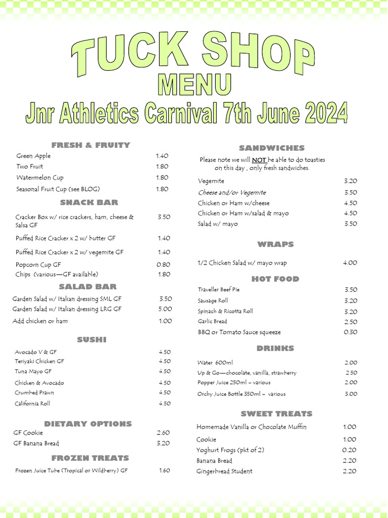 Jnr Athletics Carnival Tuck Shop Menu | PDF