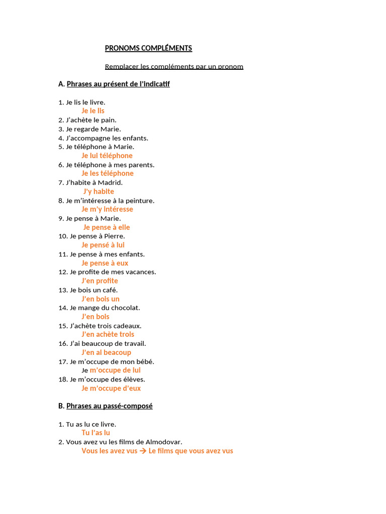 Exercices Pronoms Compléments | PDF