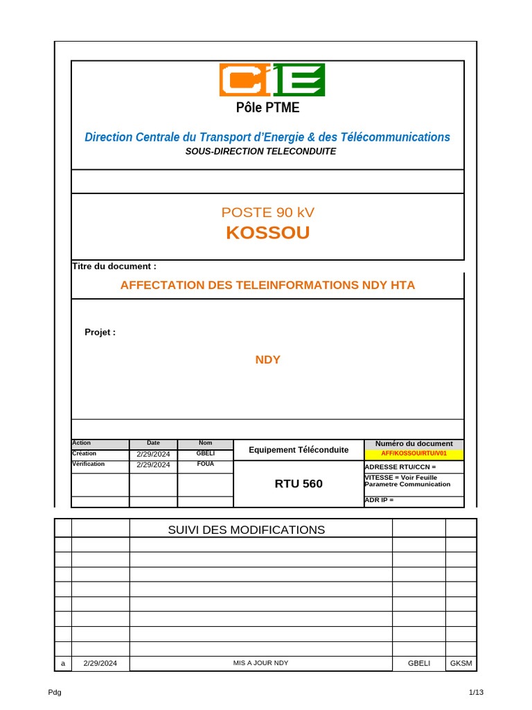NDY - Affectation Téléinfo - P225kV KOSSOU HTA IEC104 24092024 A JOUR | PDF