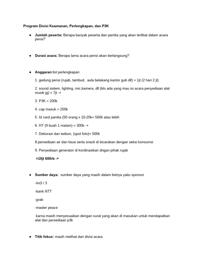 Program Divisi Keamanan, Perlengkapan, Dan P3K | PDF