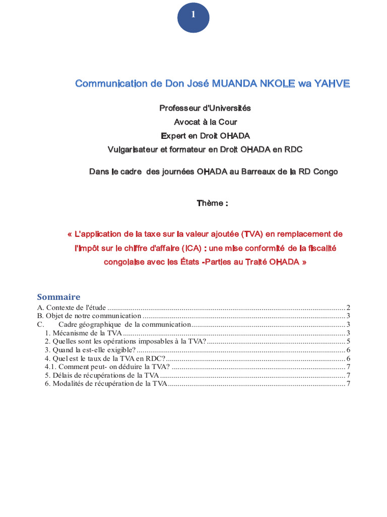 La TVA en RDC Et Le Droit OHADA | PDF